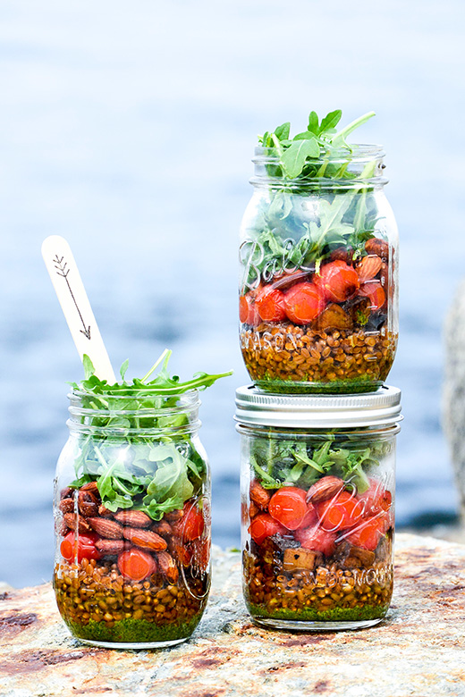 Wheat Berry and Blistered Tomato Mason Jar Salads with Basil-Almond ...