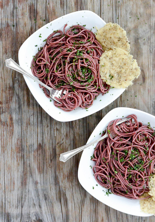 Red Wine Spaghetti with Black Pepper Parmesan Crisps – Floating Kitchen